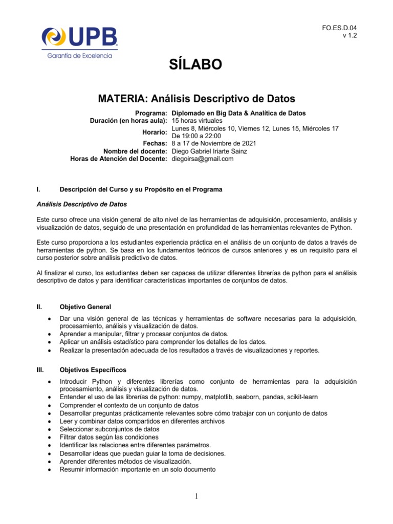 1 - Silabo | PDF | Python (lenguaje de programación) | Estadísticas