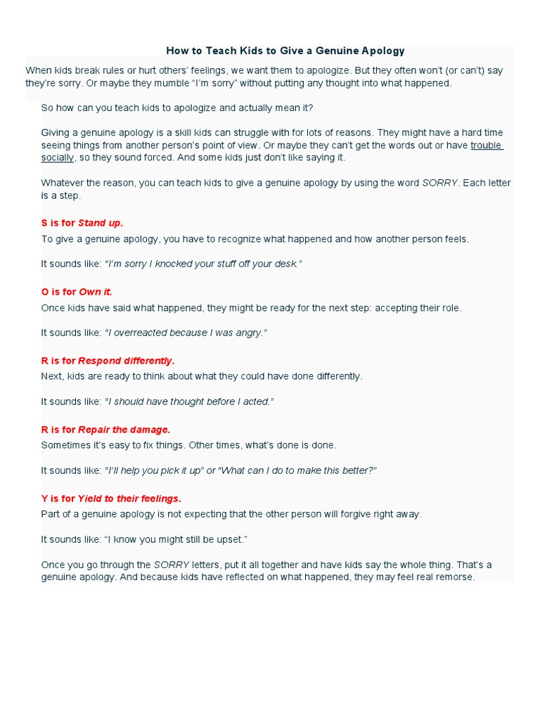 How To Teach Kids To Give A Genuine Apology | PDF