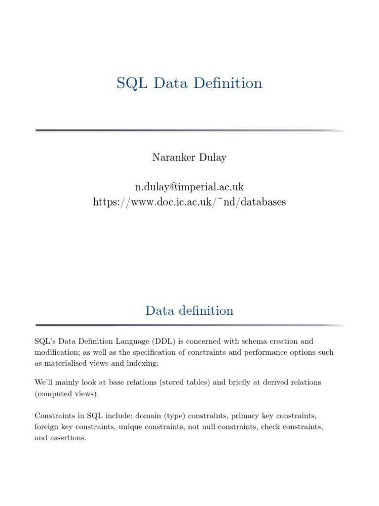 Imperial College London - SQL Data Definition | PDF | Relational Database | Computing