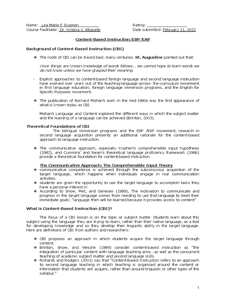 Handout - Content-Based Instruction | PDF | Teaching Method | English As A Second Or Foreign ...