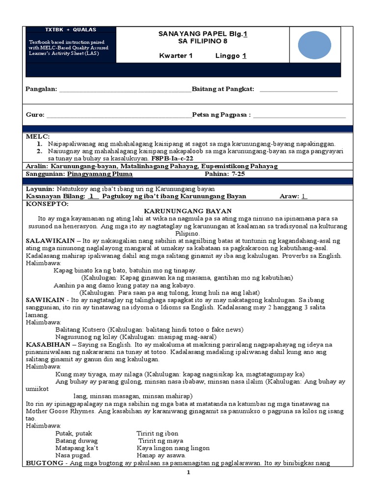 LAS Q1 Filipino8 W1 | PDF