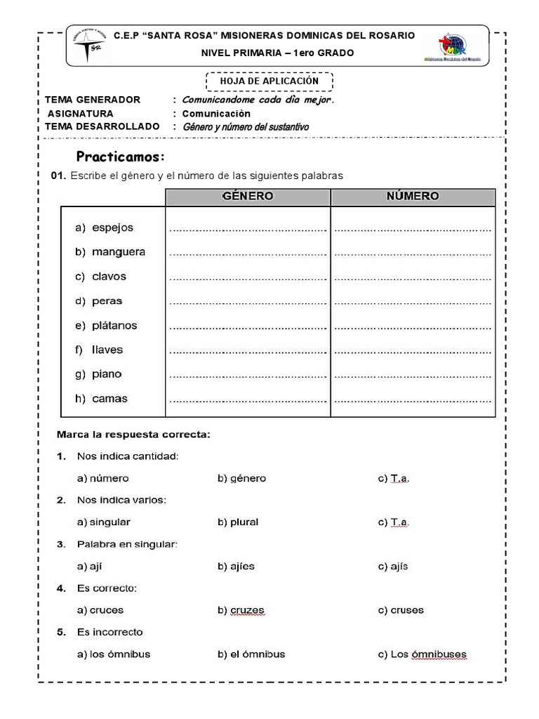 FICHA DE GENERO Y NUMERO DEL SUSTANTIVO 2DO Grado | PDF | Artes del ...