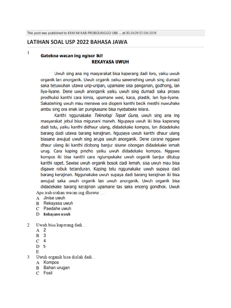 Latihan Soal Usp 2022 Jawa | PDF