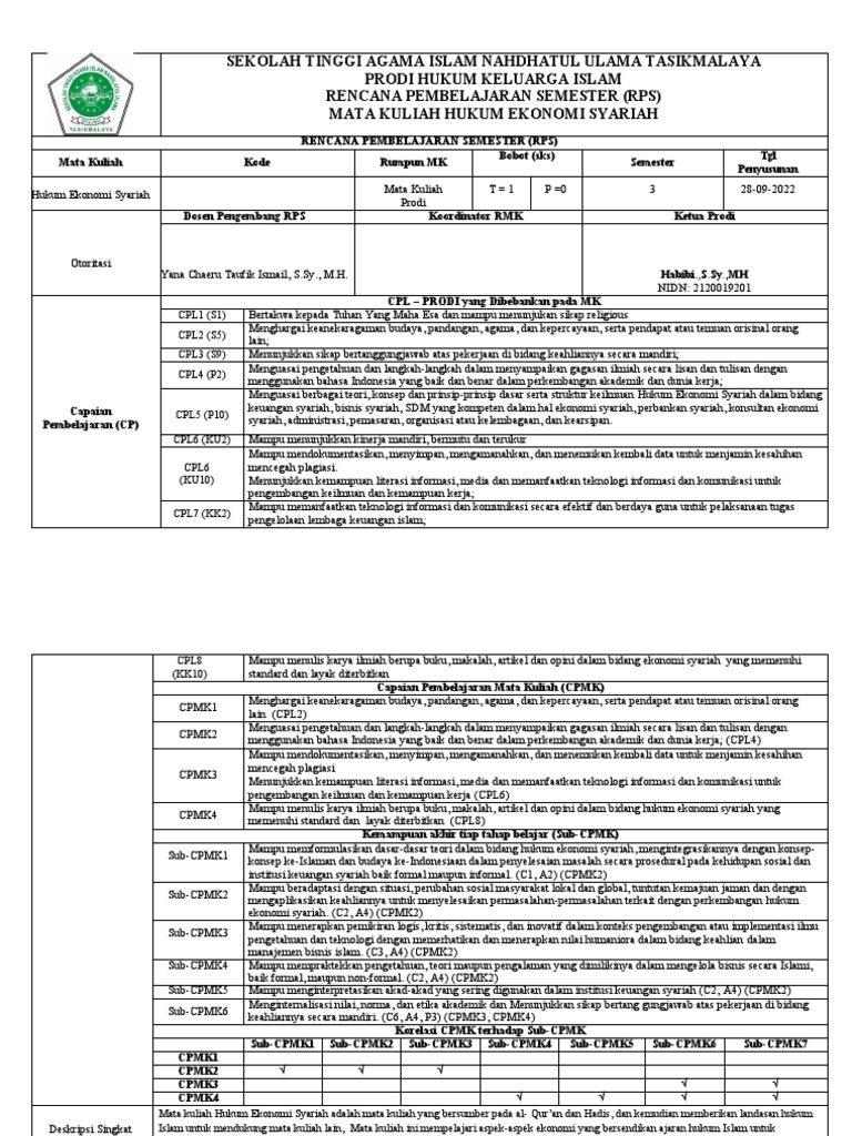 RPS Hukum Ekonomi Syariah (Prodi Hki) | PDF