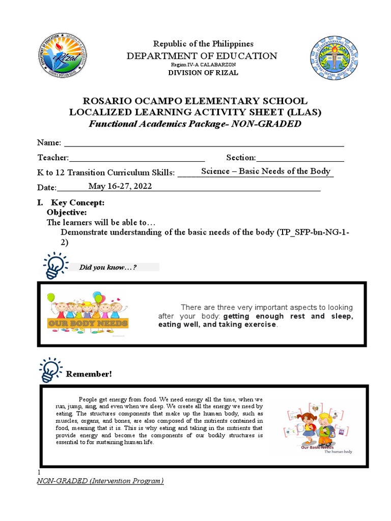 Basic Needs of the Body: A Localized Learning Activity Sheet on the Key ...