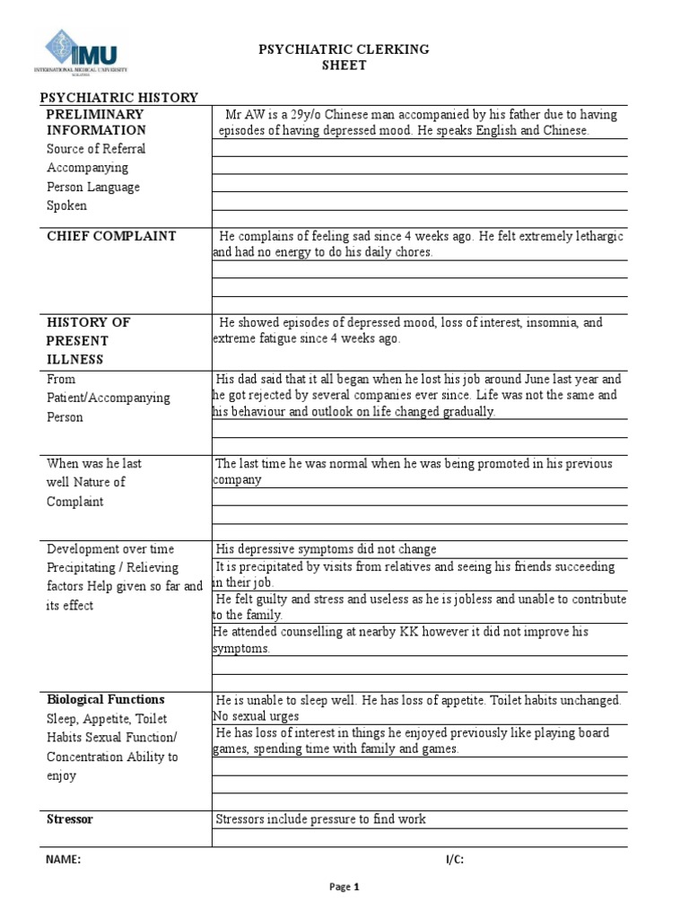 Clerking Sheet 1 | PDF | Mental Disorder | Cognitive Science