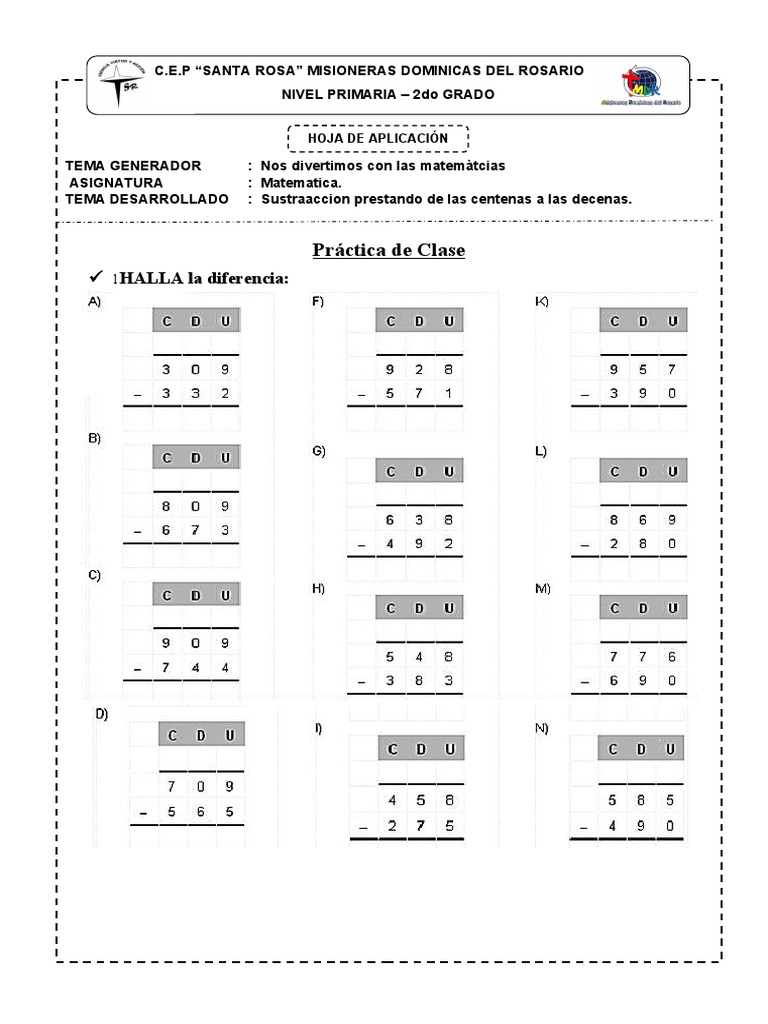 Ficha de Sustraccion Prestando Con Tres Cifras | PDF