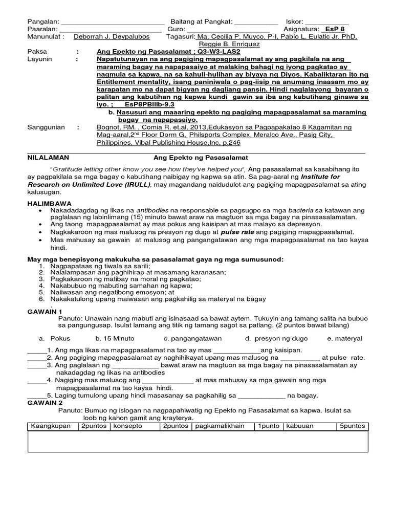EsP8 QUARTER 3 WEEK 3 LAS 2 | PDF