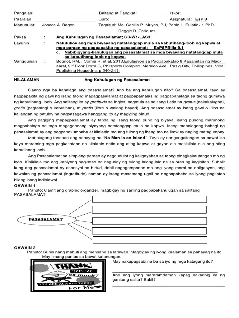 EsP8 QUARTER 3 WEEK 1 LAS 3 | PDF