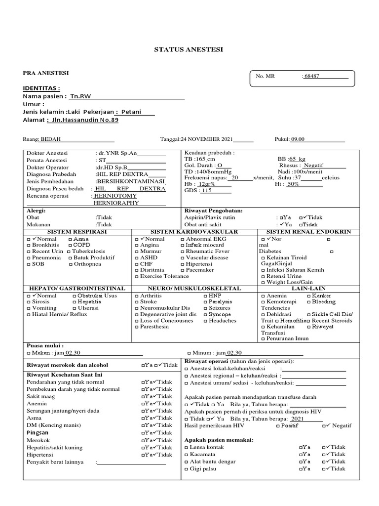 Form Askan Pra, Intra Pasca Anestesi Fix Kel 9 (Benar) | PDF
