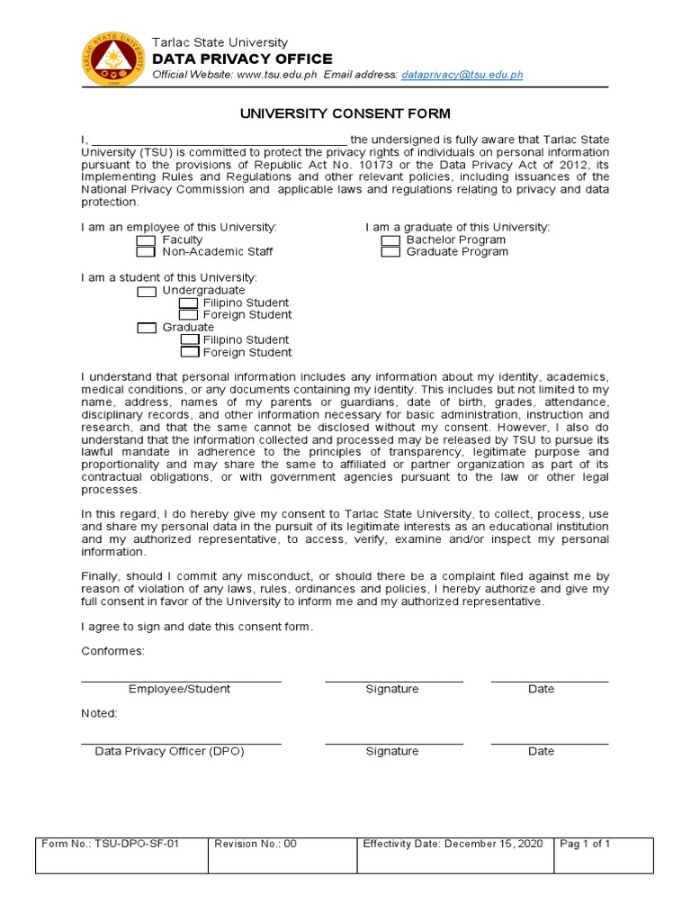 Tsu Dpo SF 01 University Consent Form | PDF | Privacy | Consent