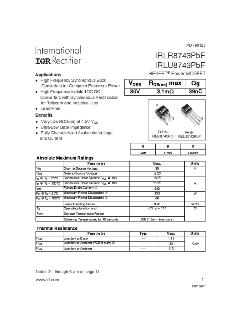 Infineon IRLR8743 DataSheet v01 - 01 EN | PDF | Field Effect Transistor | Mosfet
