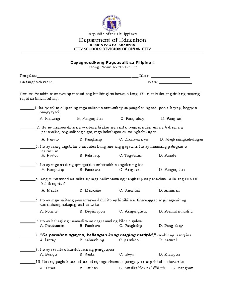 Dayagnostikong Pagsusulit Sa Filipino 4 | PDF