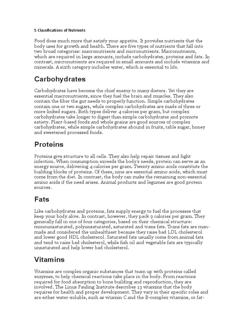 Overview of Nutrient Classifications | PDF | Nutrients | Fat