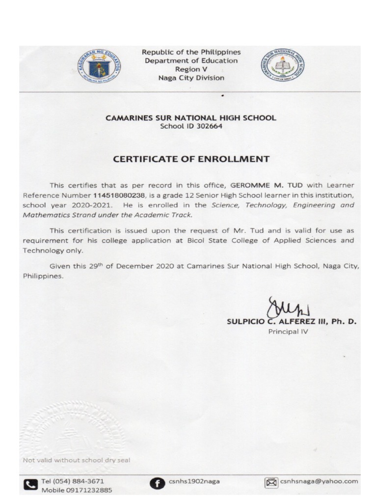 BISCAST Cert. of Enrollment | PDF