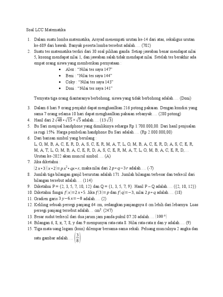 Soal LCC Matematika SMPIA15 | PDF