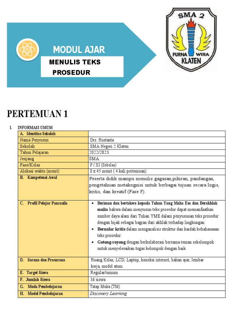 3 D. MODUL AJAR MENULIS TEKS PROSEDUR - RUSTANTA | PDF