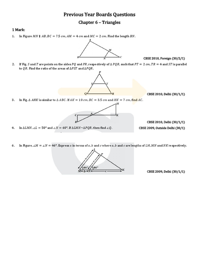 Previous Year Boards Questions: Chapter 6 - Triangles | PDF | Triangle ...