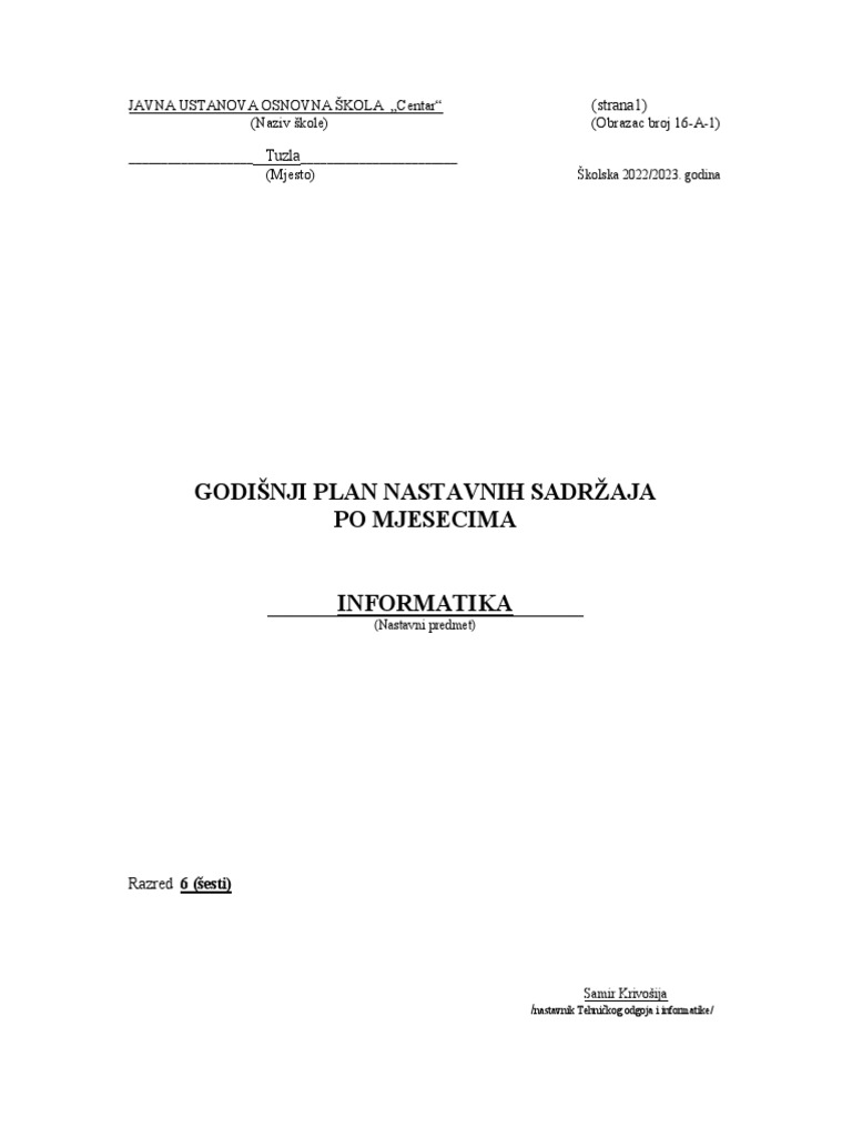 Godišnji Plan Rada Po Mjesecima-VI-9 Tehničko | PDF