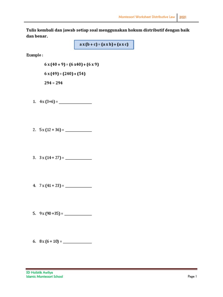Worksheet Distributive Law | PDF | Teaching Methods & Materials