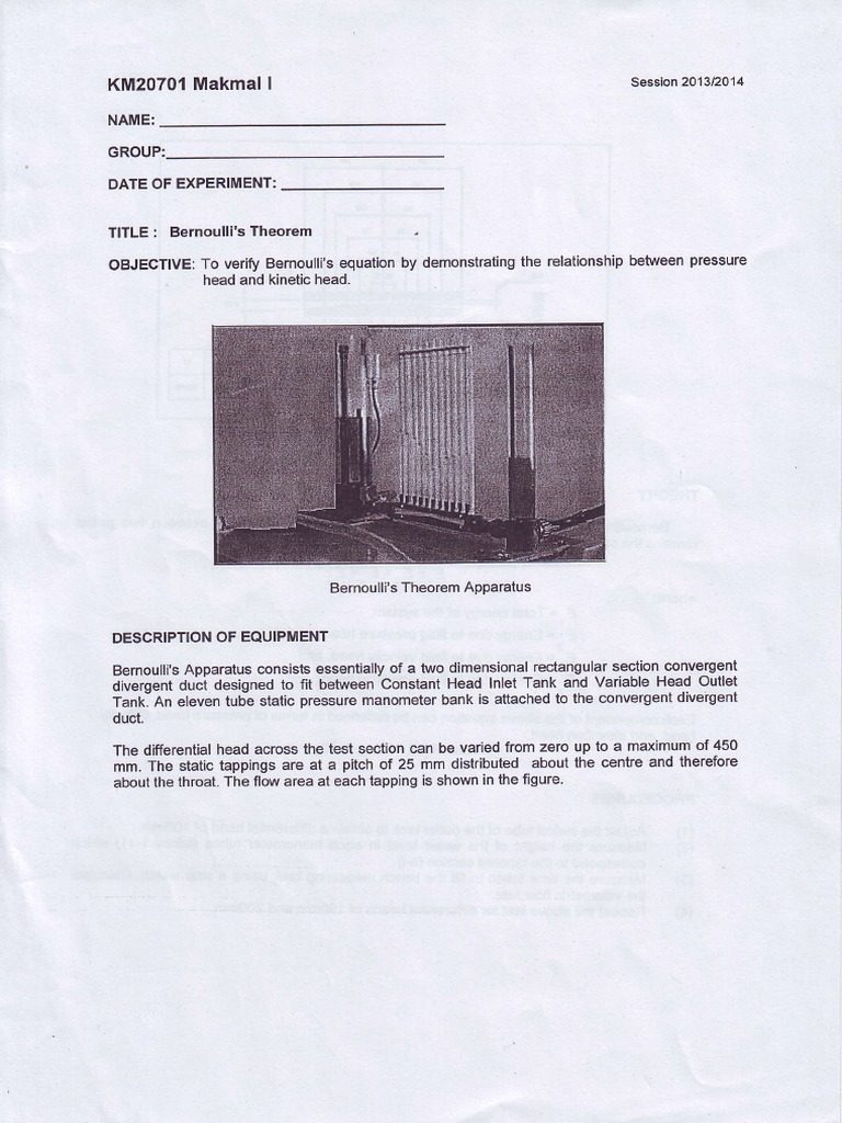 Bernoulli's Theorem Experiment Guide | PDF | Dynamics (Mechanics) | Gas ...