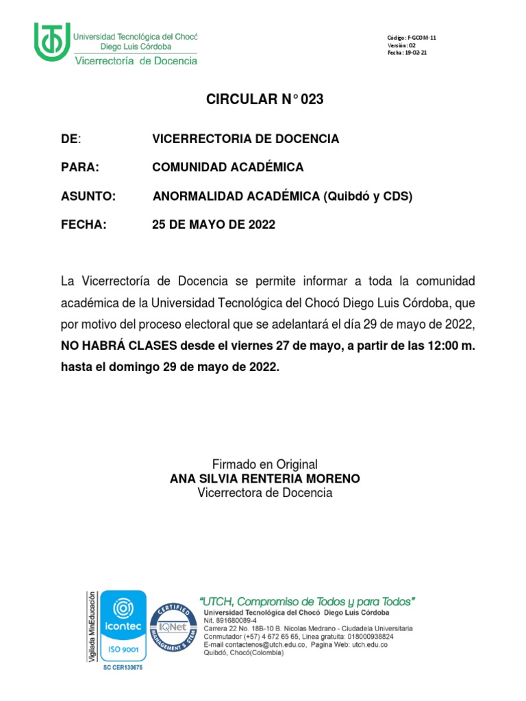 Circular 023 Anormalidad Academica Quibdo y Cds | PDF