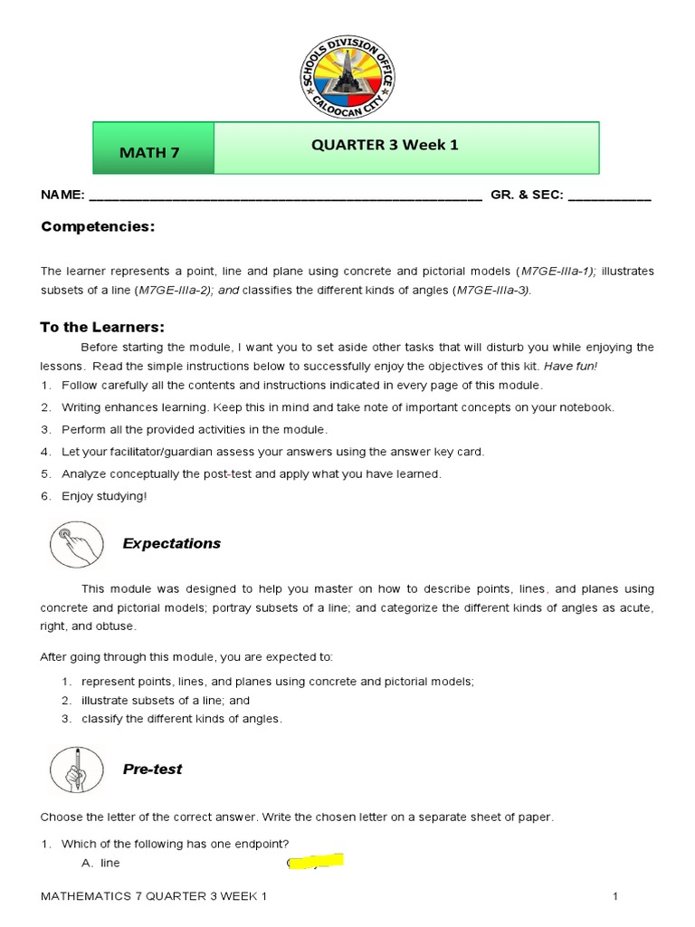 Math 7 Q3 Week 1 | PDF | Angle | Line (Geometry)