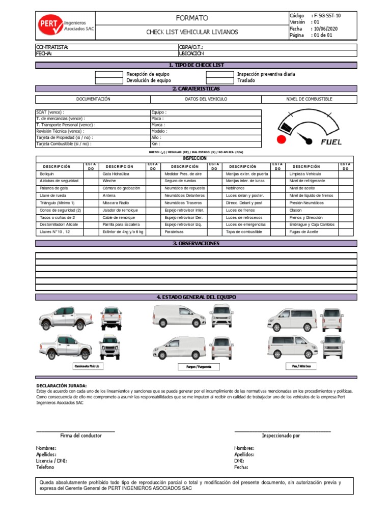 F-SG-SST-10 Ver01 Check List Vehicular Liviano | PDF