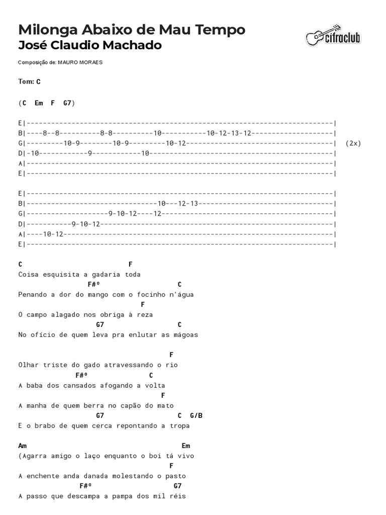 José Claudio Machado - Milonga Abaixo de Mau Tempo | PDF
