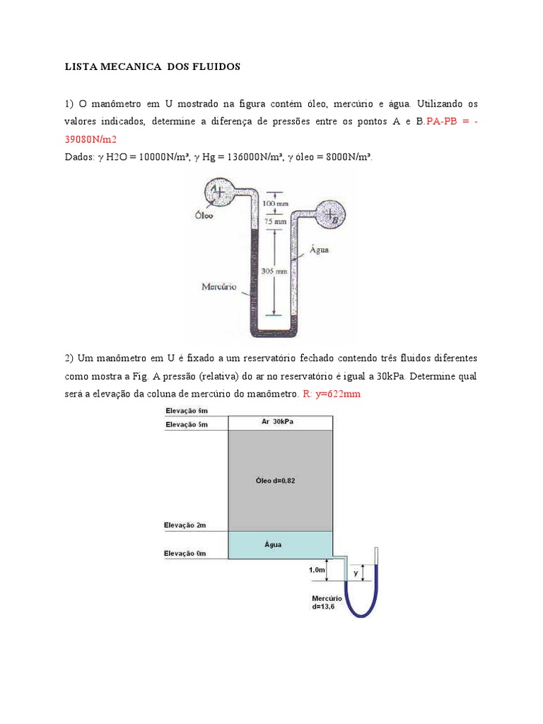 Lista MECFLU Gabarito | PDF | Pressão | Medição de pressão