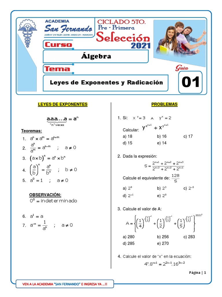 Guia N1A Leyes de Exponentes | PDF | Matemáticas | Álgebra