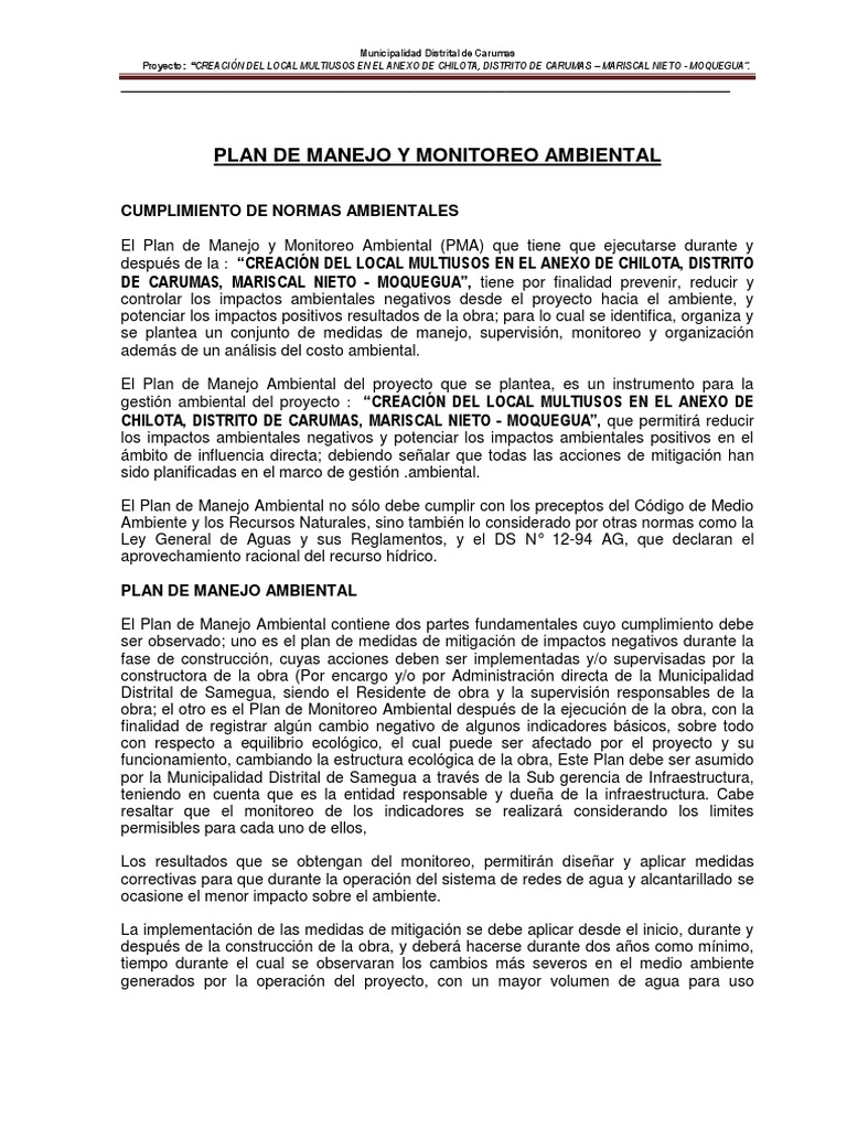 Plan de Monitoreo Ambiental | PDF | Entorno natural | Mitigación del cambio climático