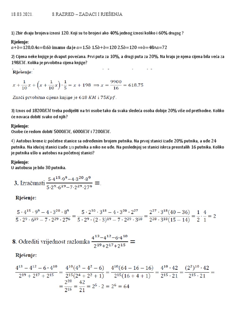 18.03. 8. Razred Zadaci I Rješenja | PDF
