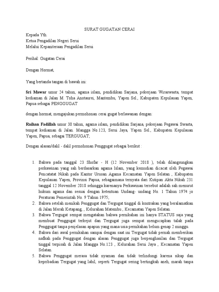 Surat Gugatan Hukum Acara Peradilan Agama | PDF