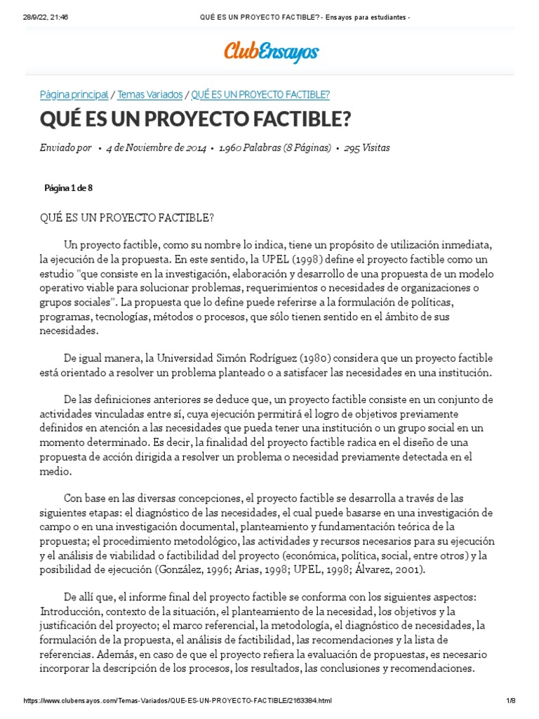 QUÉ ES UN PROYECTO FACTIBLE - Ensayos para Estudiantes | PDF | Diseño ...