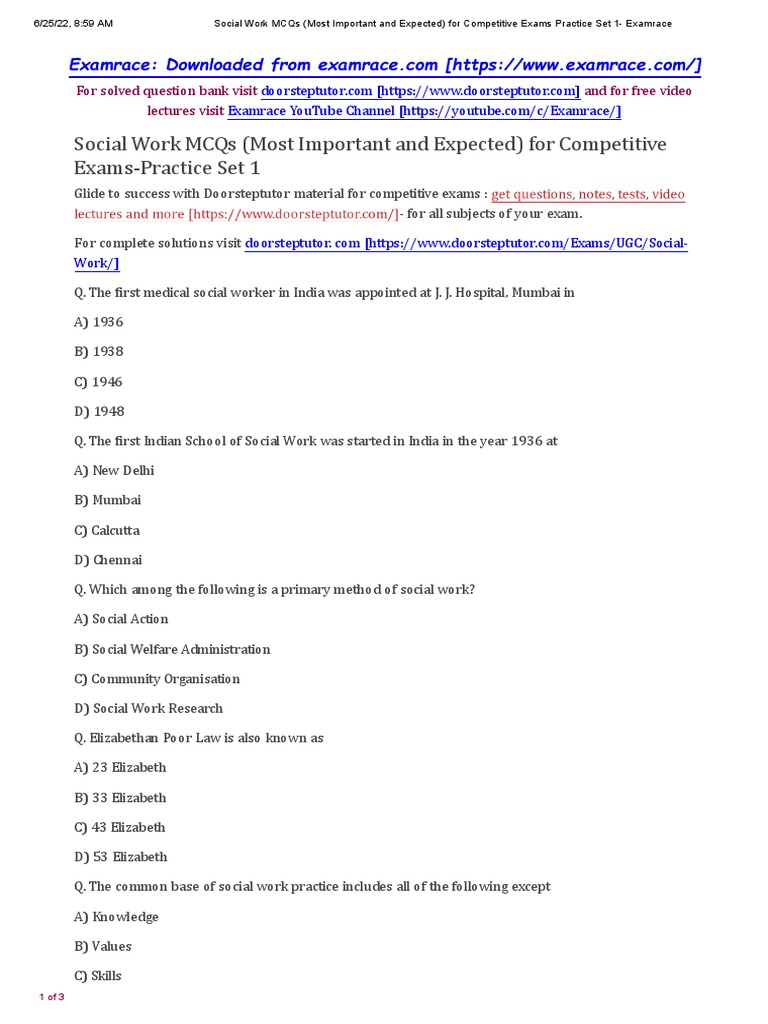 Social Work MCQs For Practice Set 1 | PDF | Social Work | Social Programs