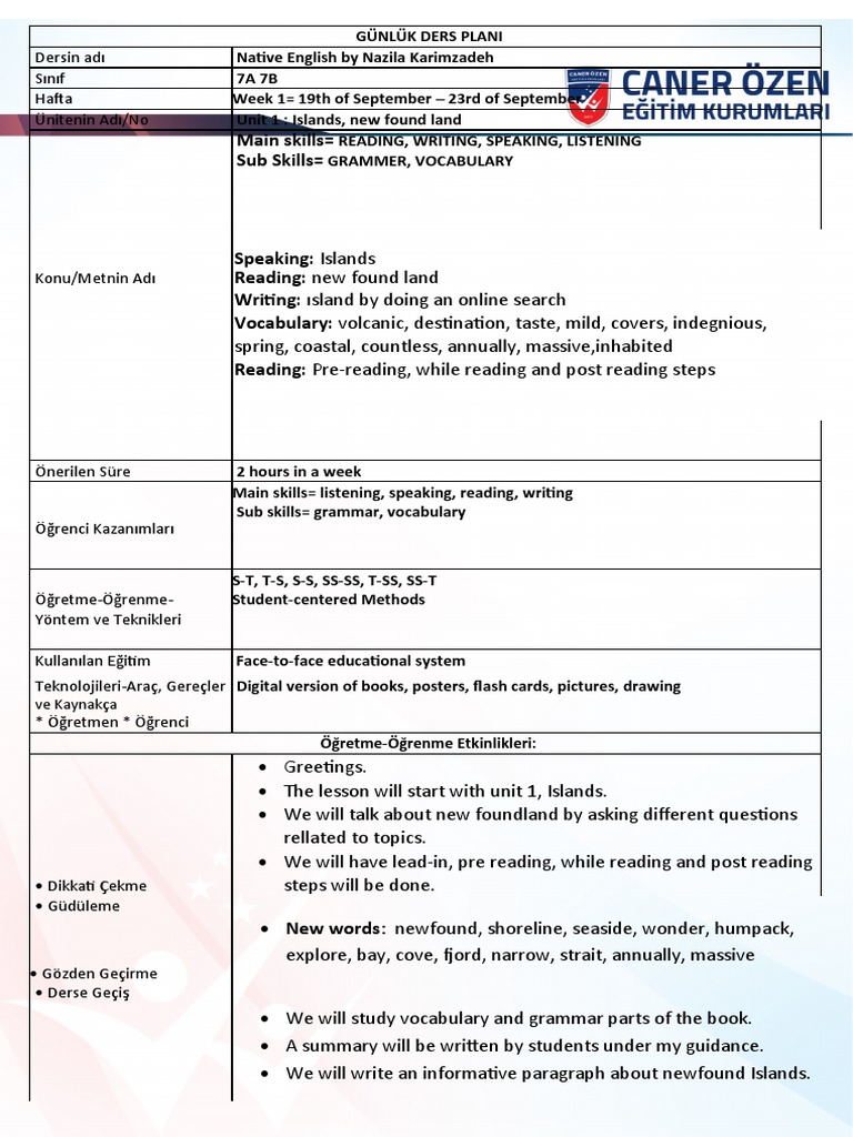 Week 2, Native English 7A 7B GÜNLÜK PLAN by Nazila Karimzadeh | PDF ...