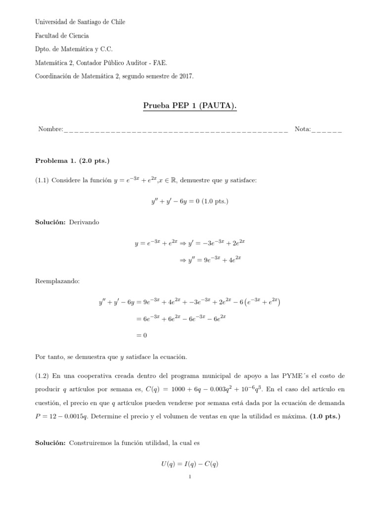 PEP 1 - PAUTA - Mate 2 FAE - 2S 2017 | PDF | Conceptos matemáticos | Objetos matemáticos