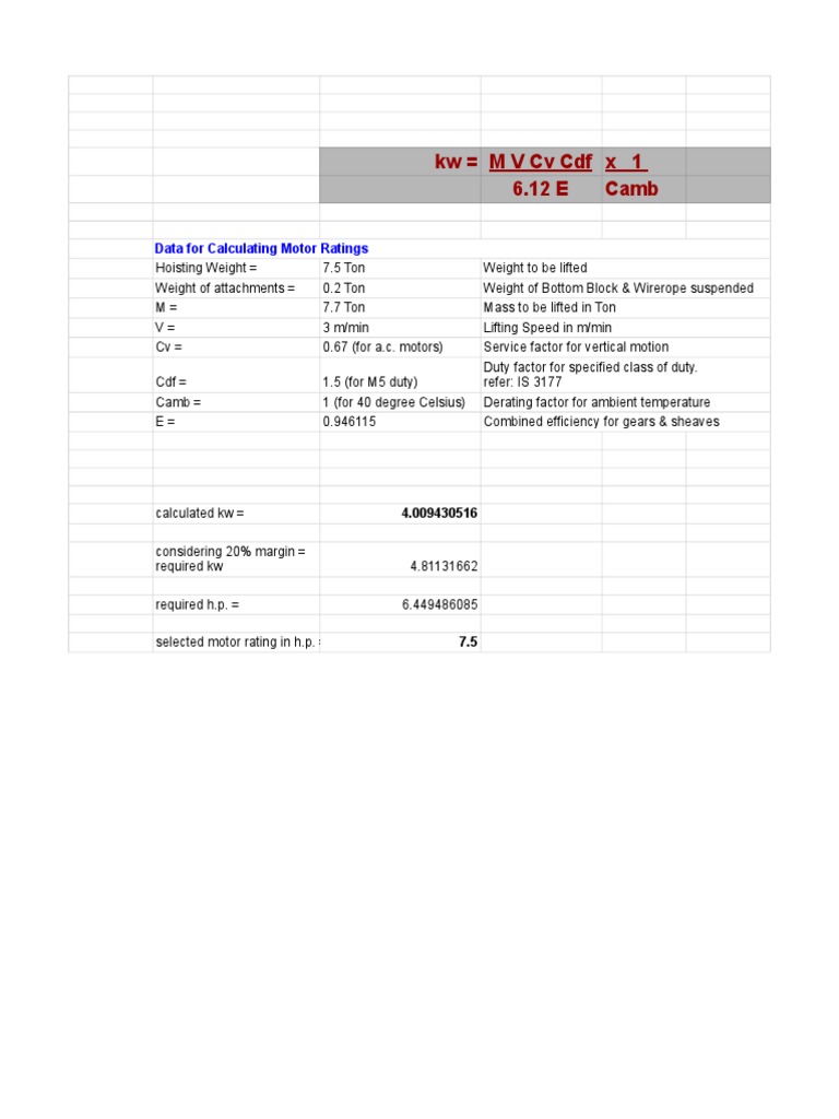 Motor Calculation Sheet For CN Water - 1 | PDF | Science & Mathematics