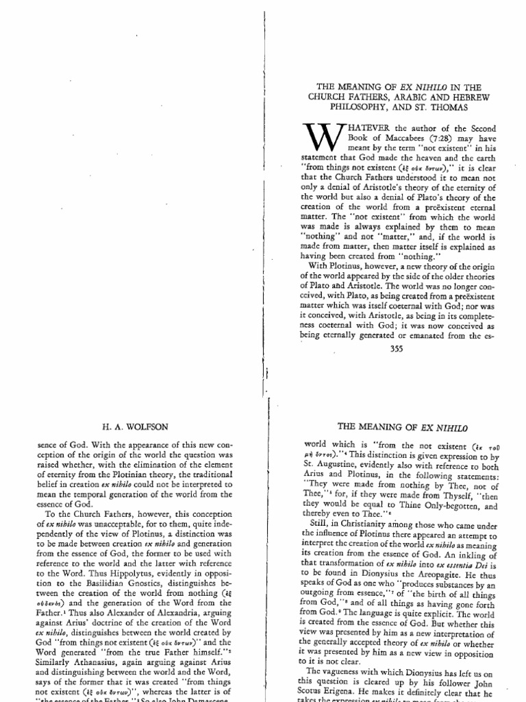 Wolfson - The Meaning of Ex Nihilo | PDF | Platonism | Metaphysics