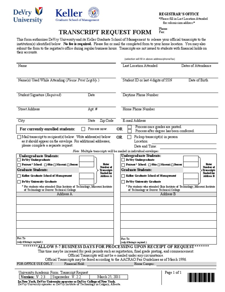 DeVry Keller Transcript Request Form | PDF | Graduate School | Academia