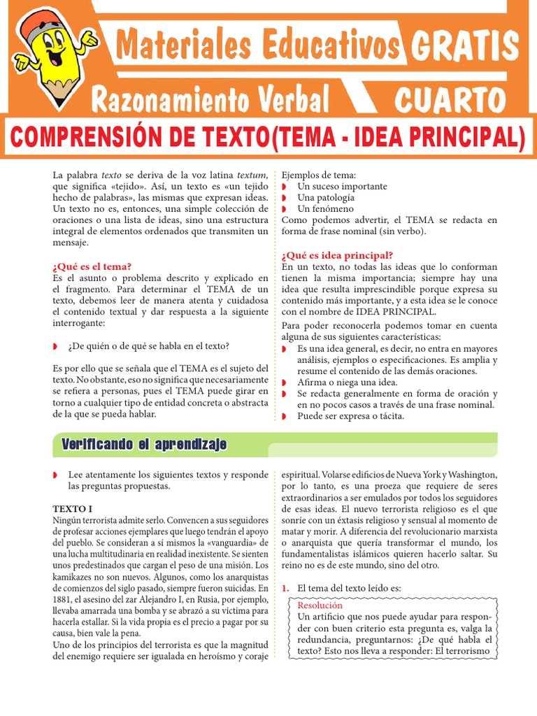 El Tema y La Idea Principal para Cuarto Grado de Secundaria | PDF