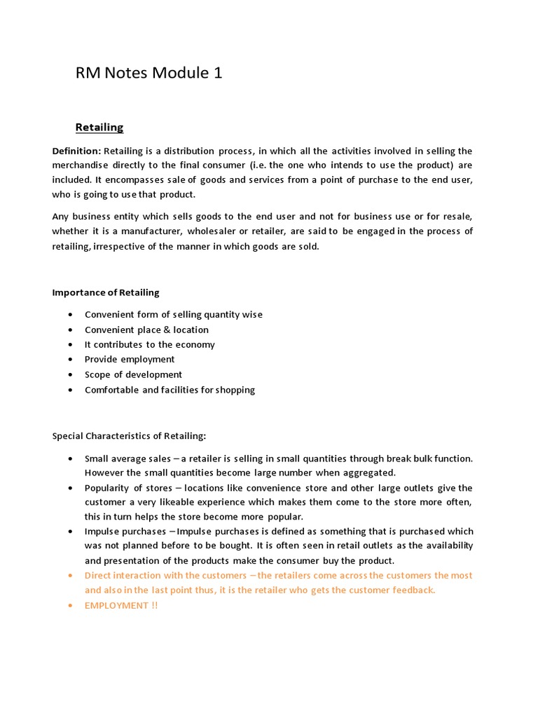 Retail Management (RM) Notes Module 01 | PDF | Retail | Employment