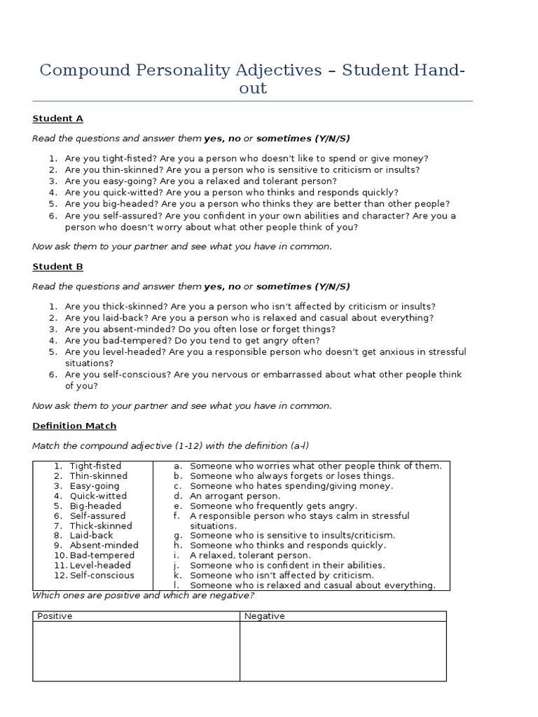 Compound Personality Adjectives B2 Guide | PDF