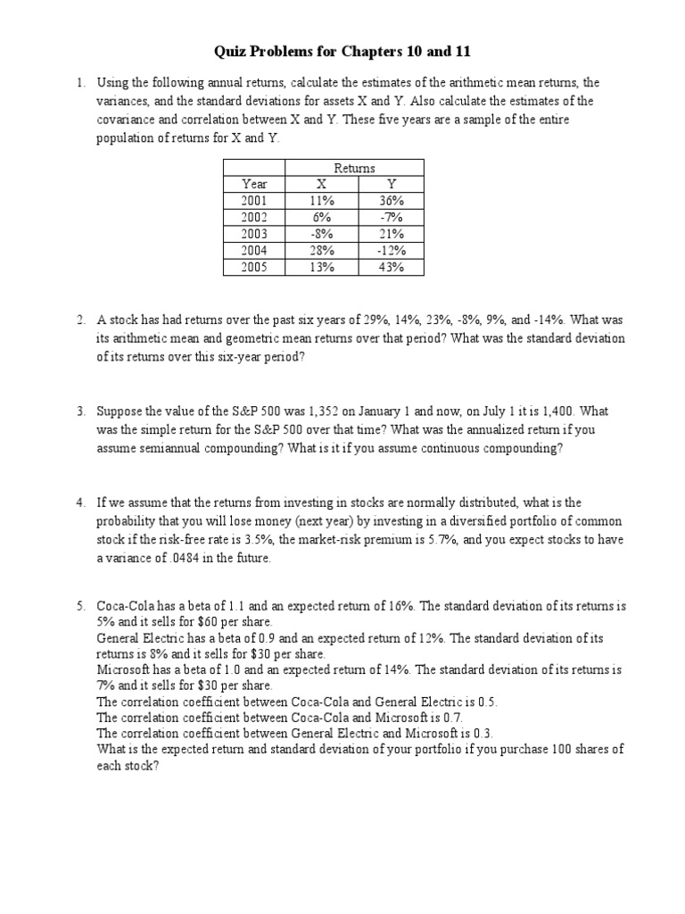 Quiz Problems Chapters 10 11 | PDF | Variance | Beta (Finance)