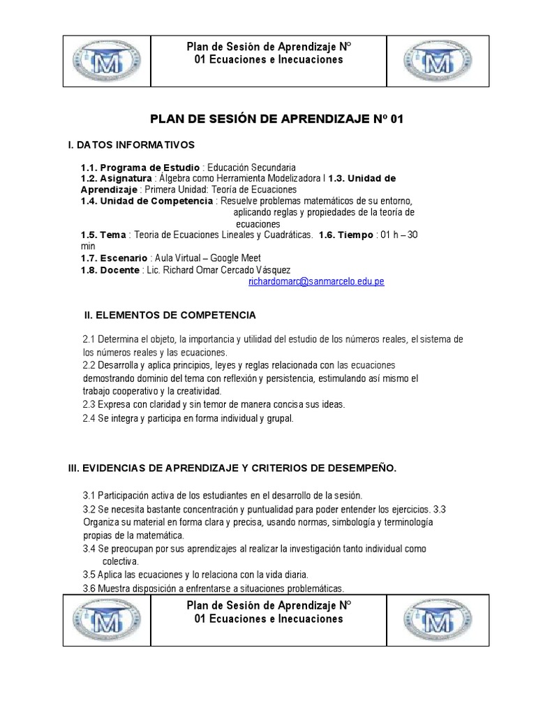 Plan de Sesion 01 - Álgebra | PDF | Ecuaciones | Aprendizaje