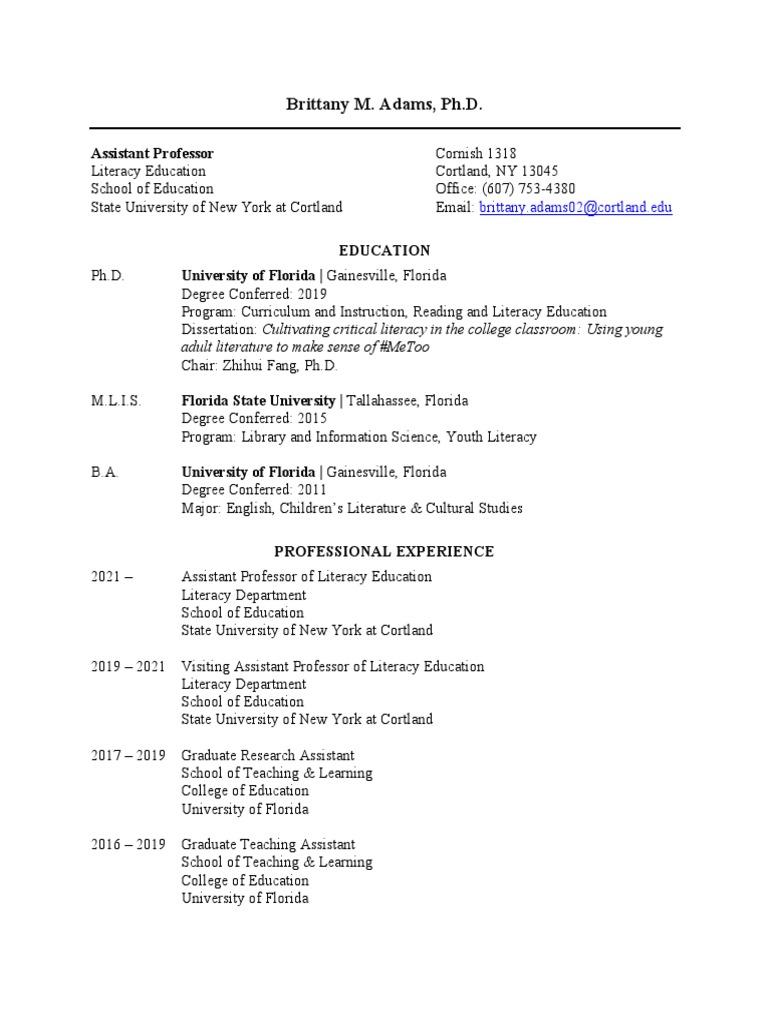 Adams CV | PDF | Literacy | Teaching