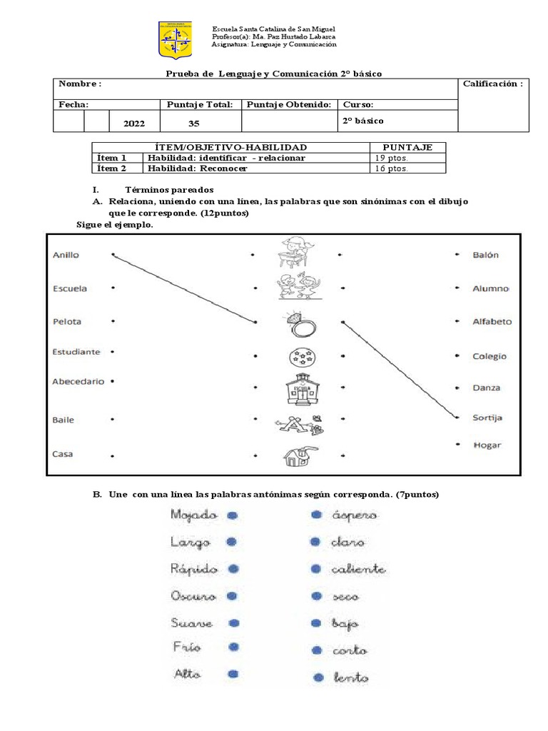Prueba de Lenguaje y Comunicación 2do Básico (Sinónimos Antónimos) | PDF