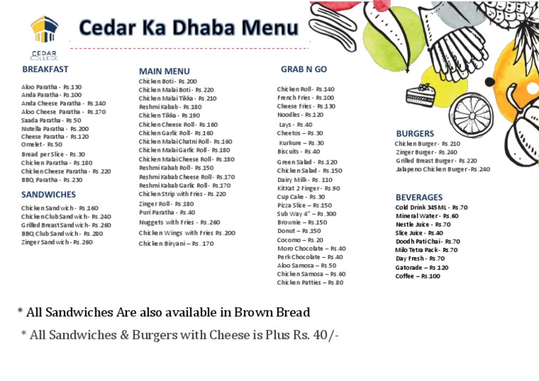 Cedar Menu 10th Aug 22 | PDF | Hamburgers | Sandwich