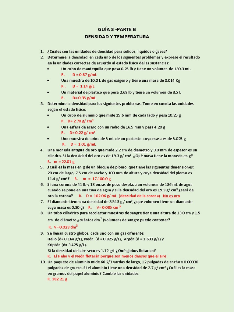 GUÍA 3 Parte B (Respuestas) | PDF | Densidad | Ciencias fisicas